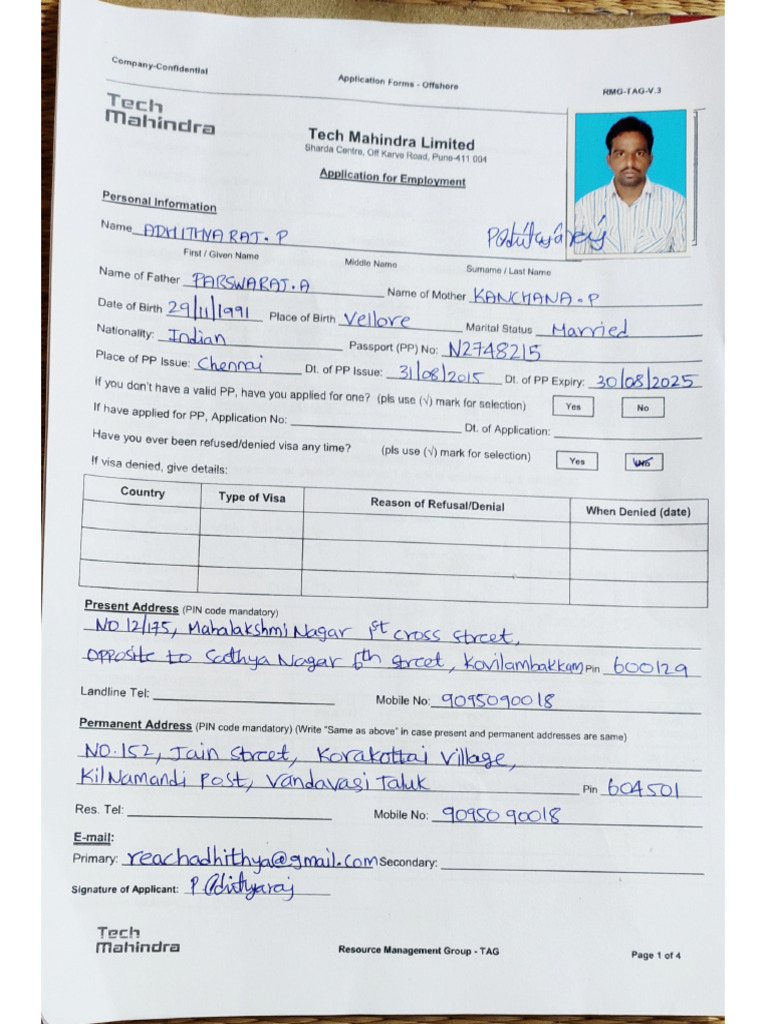 Application For Employment Form - Adhithya | PDF