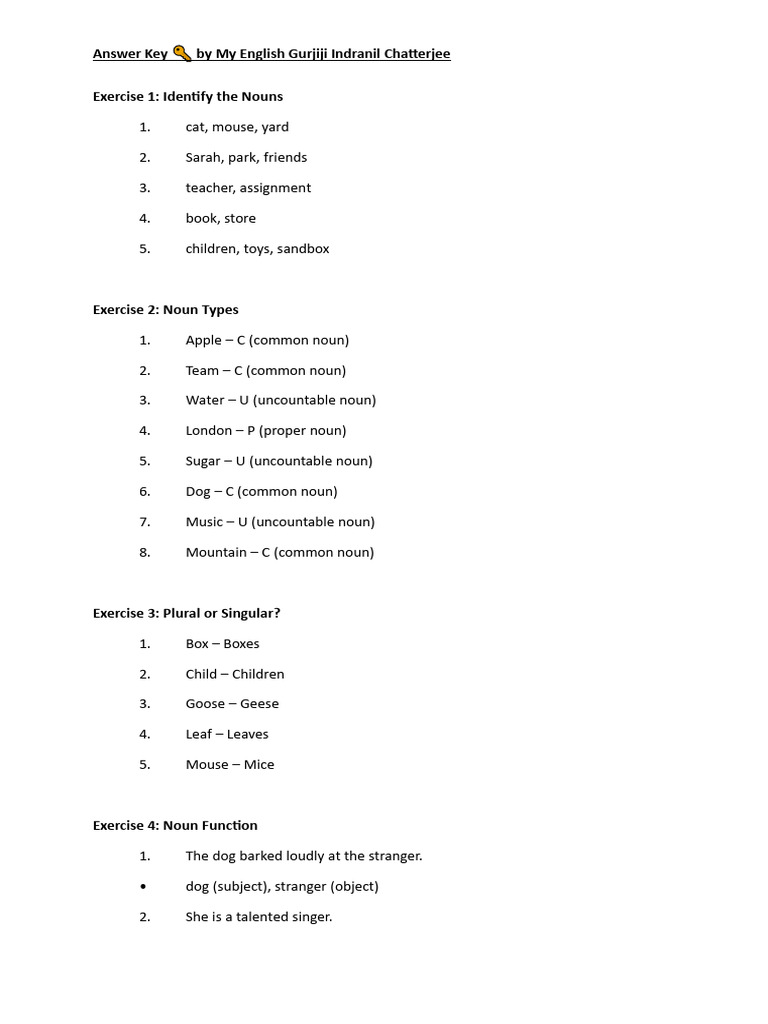 Noun Exercises Answers | PDF