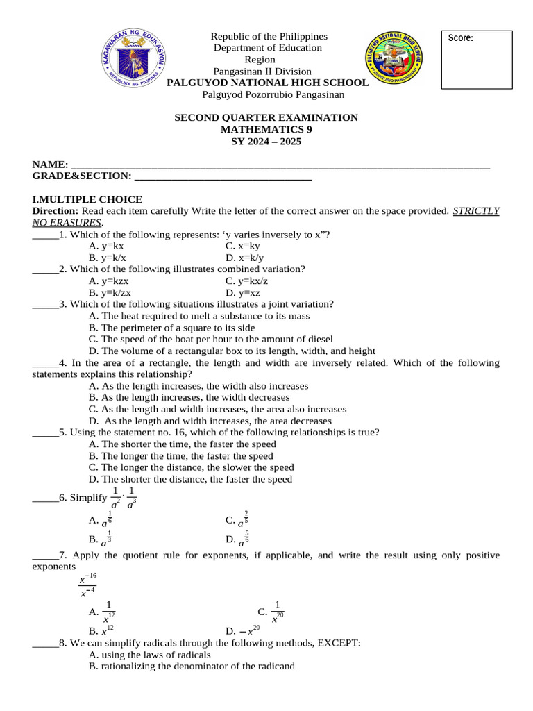 2ND QUARTER EXAM-MATH 9-EDITED PRINT (AutoRecovered) | PDF | Length ...
