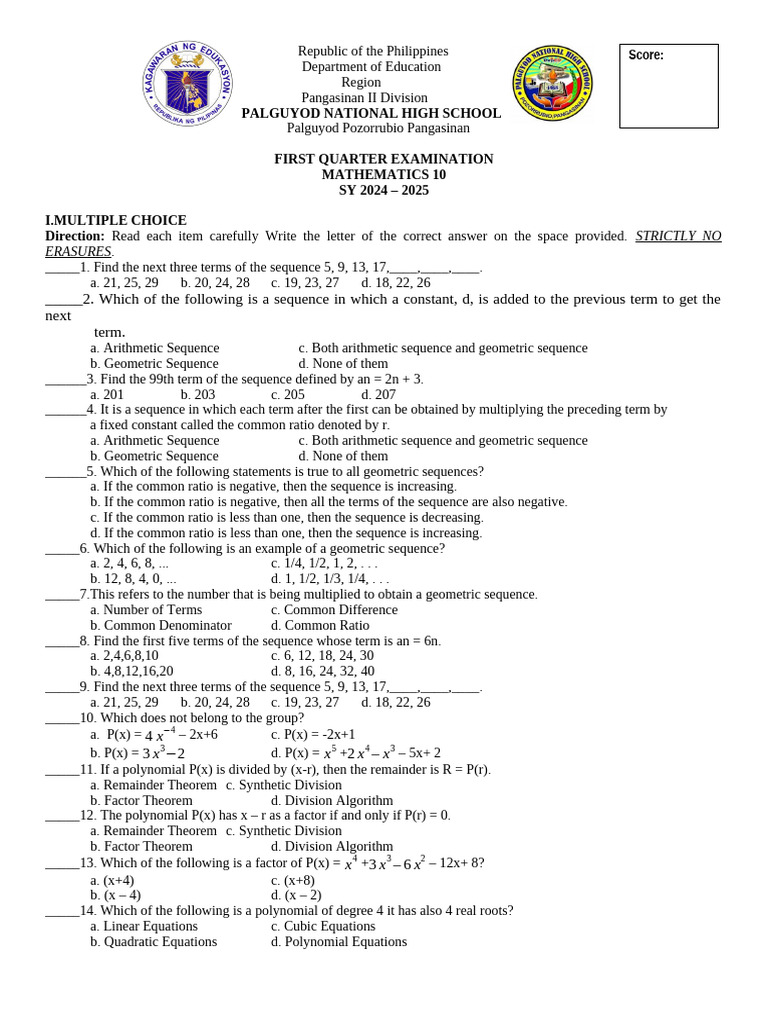 1ST Quarter Exam-Math 10-Edited Print | PDF | Equations | Factorization