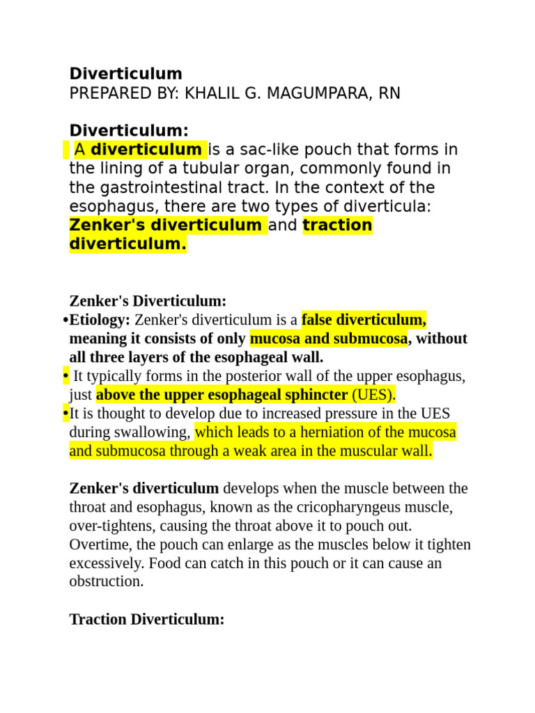 Outline of Diverticulum of Esophagus | PDF | Esophagus | Clinical Medicine
