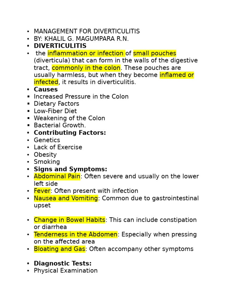 Outline of Diverculitis and Fecal Elimanition | PDF | Constipation | Rectum