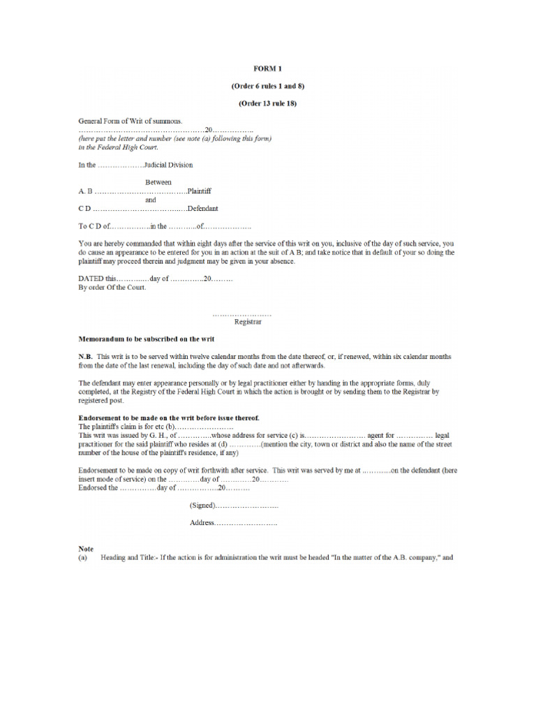 General Form Writ of Summons | PDF