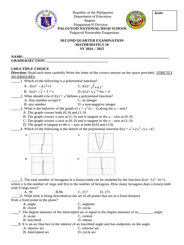 2ND QUARTER EXAM-MATH 10-EDITED PRINT (AutoRecovered) | PDF | Circle | Angle