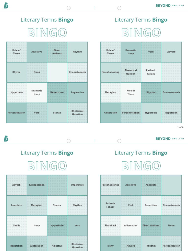 Literary Terms Bingo Player Cards 1 To 12 | PDF | Adverb | Adjective