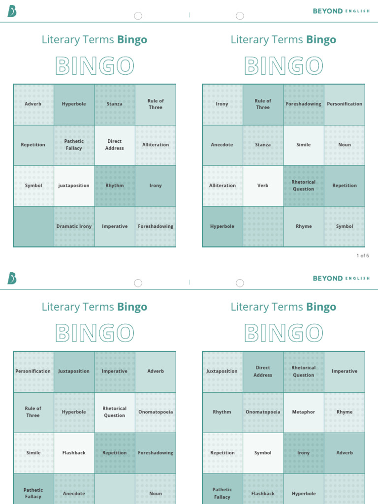 Literary Terms Bingo Player Cards 13 To 24 | PDF | Adverb | Verb