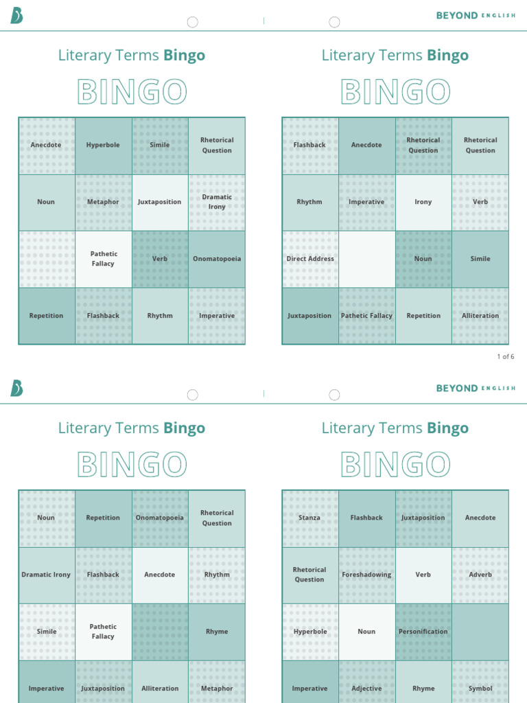 Literary Terms Bingo Player Cards 25 to 36 | PDF | Adverb | Verb