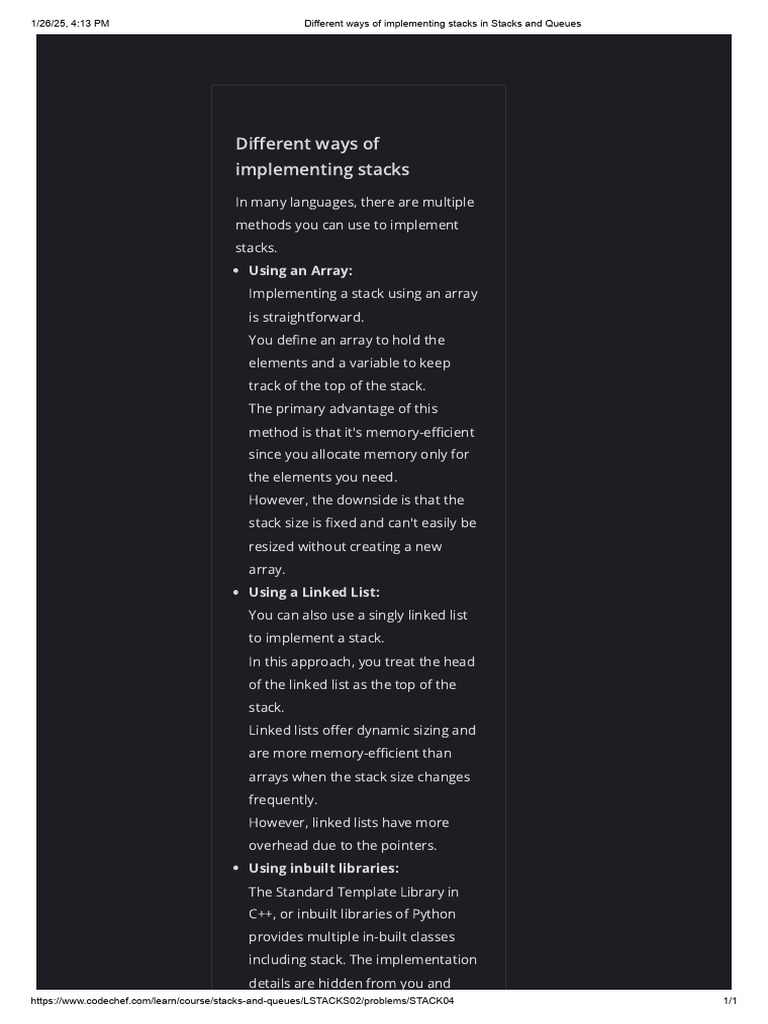 Implementing Stacks: Array vs Linked List | PDF | Queue (Abstract Data Type) | Computer Science