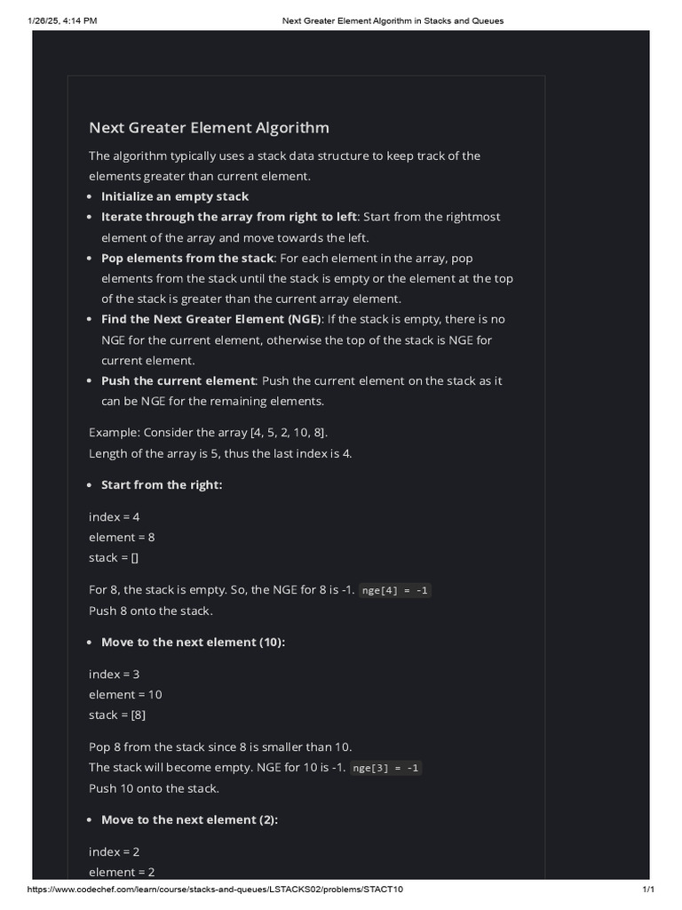 Next Greater Element Algorithm in Stacks and Queues | PDF
