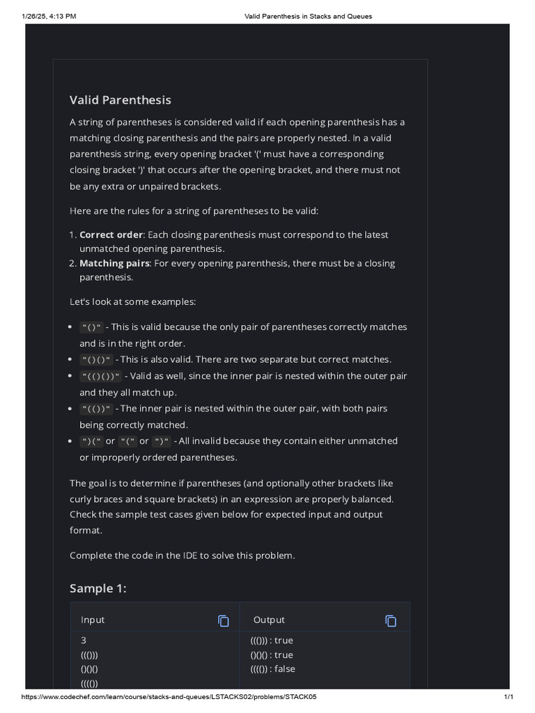 Valid Parenthesis in Stacks and Queues | PDF