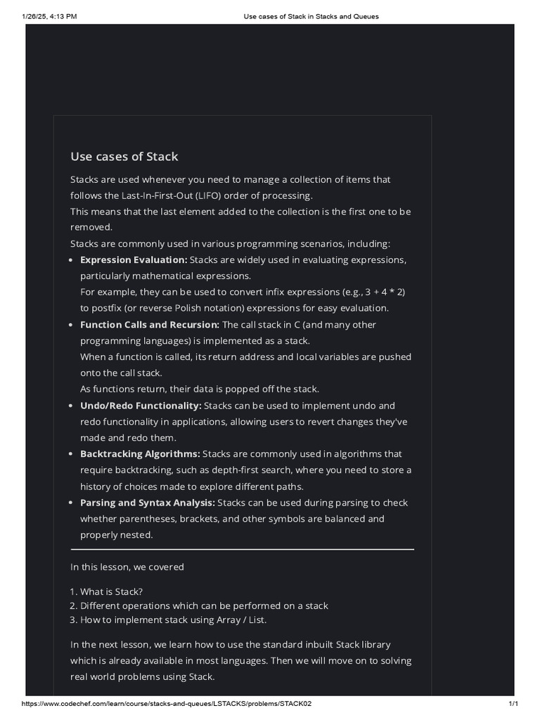 Use cases of Stack in Stacks and Queues | PDF