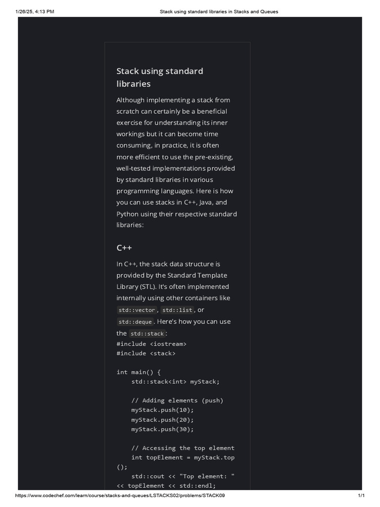 Stack Using Standard Libraries in Stacks and Queues | PDF | Computing | Computer Science