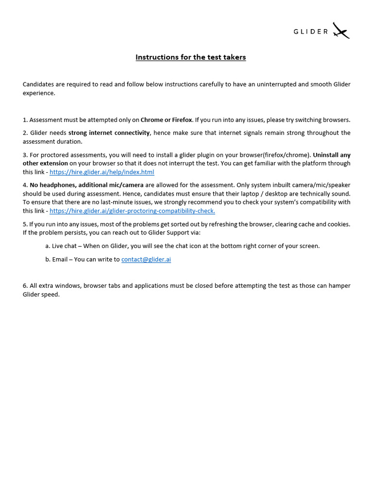 Glider - Instructions For Test Takers | PDF