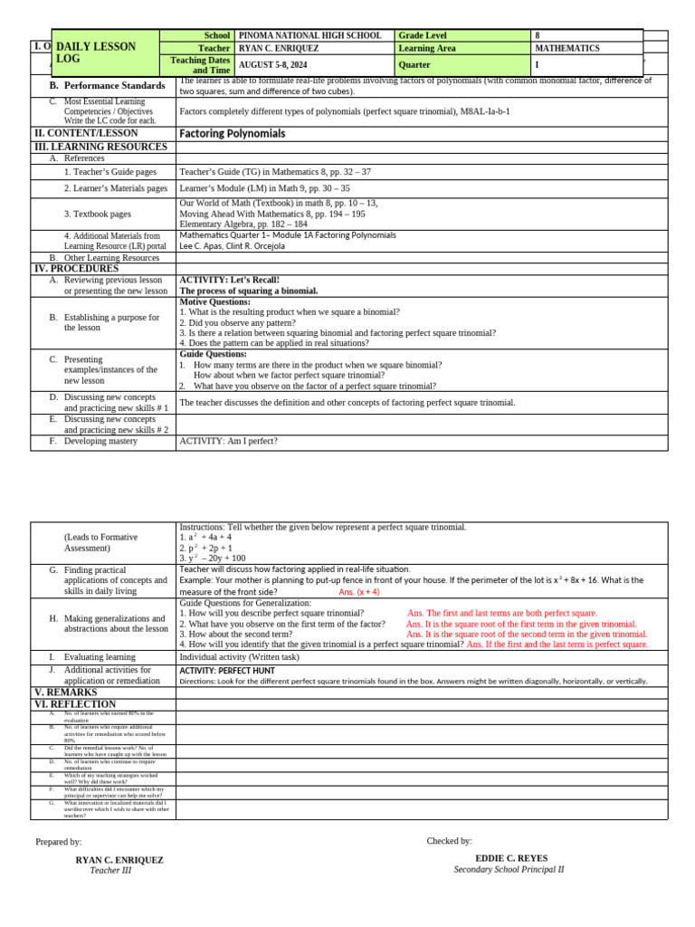Grade 8 Quarter I Week 2 DLL | PDF | Mathematics | Learning