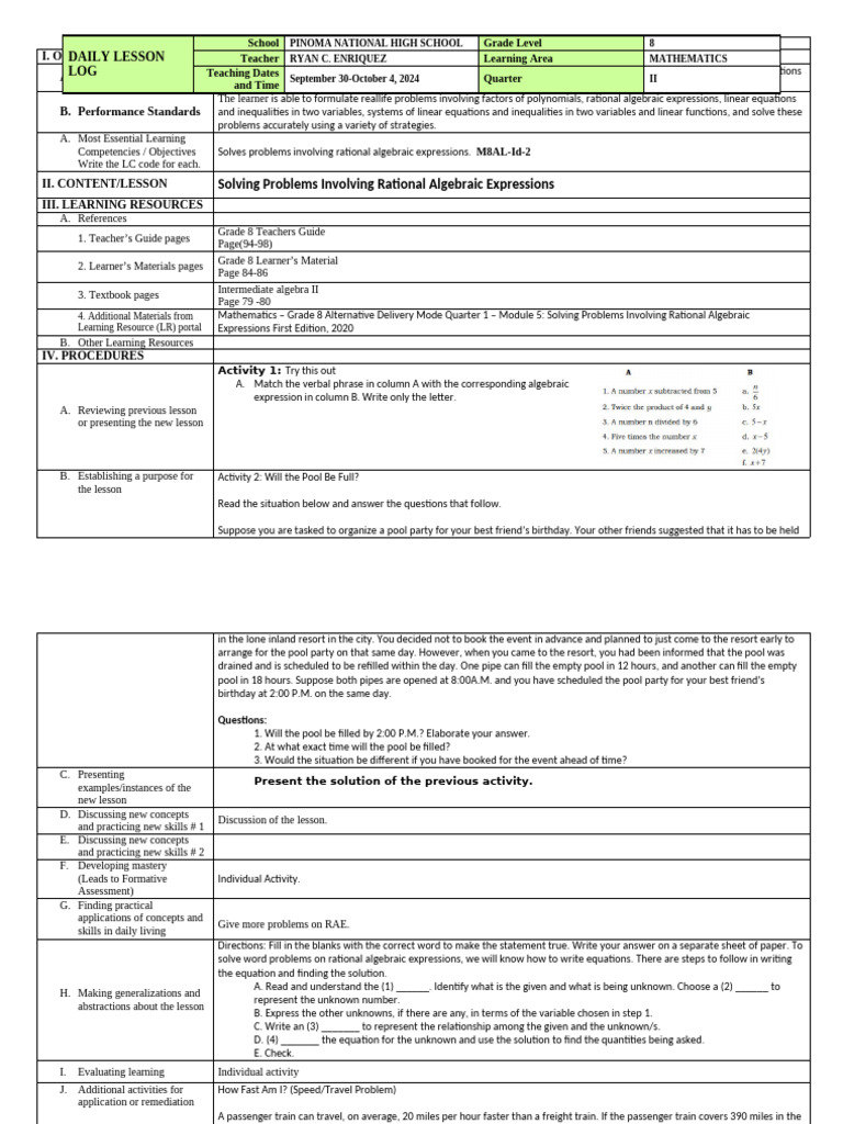 Grade-8-Quarter-II-Week-1-DLL | PDF | Equations | Algebra