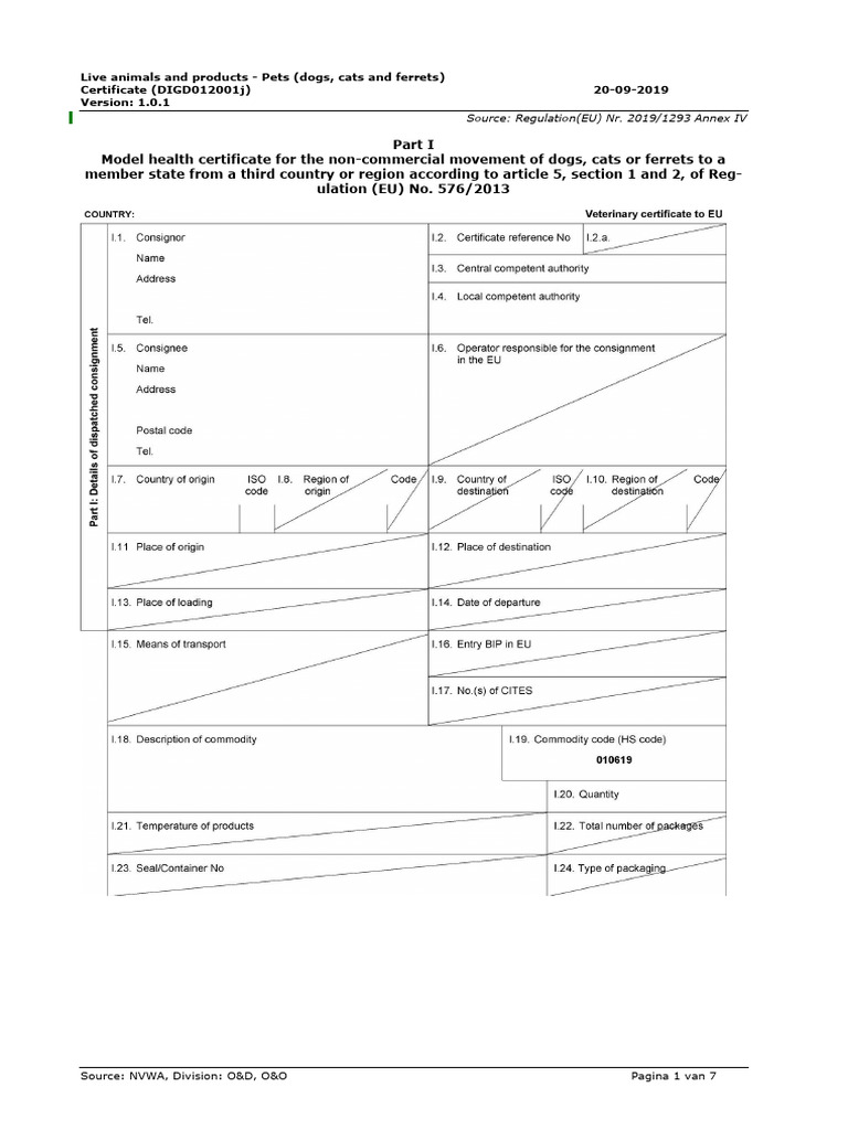 EU Health Certificate for Pet Travel | PDF