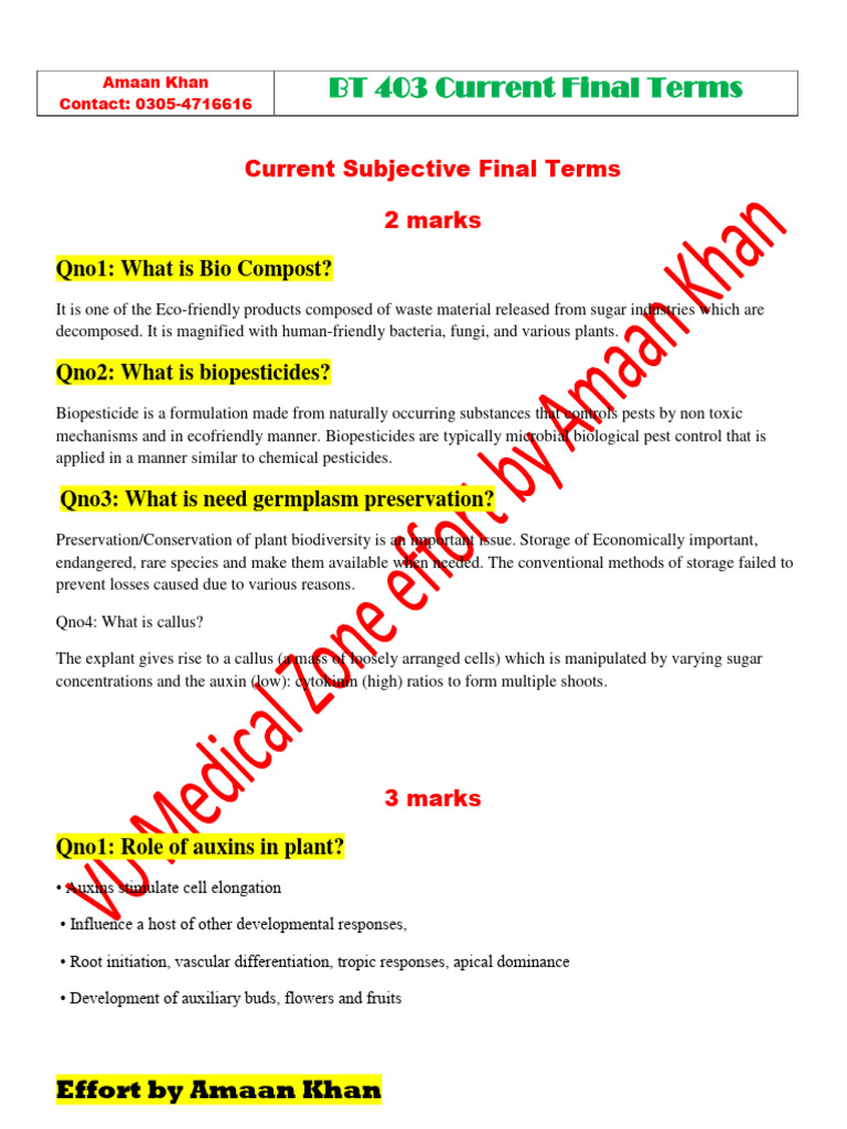 BT 403 Current Final Terms by Amaan Khan | PDF | Plant Breeding | Auxin