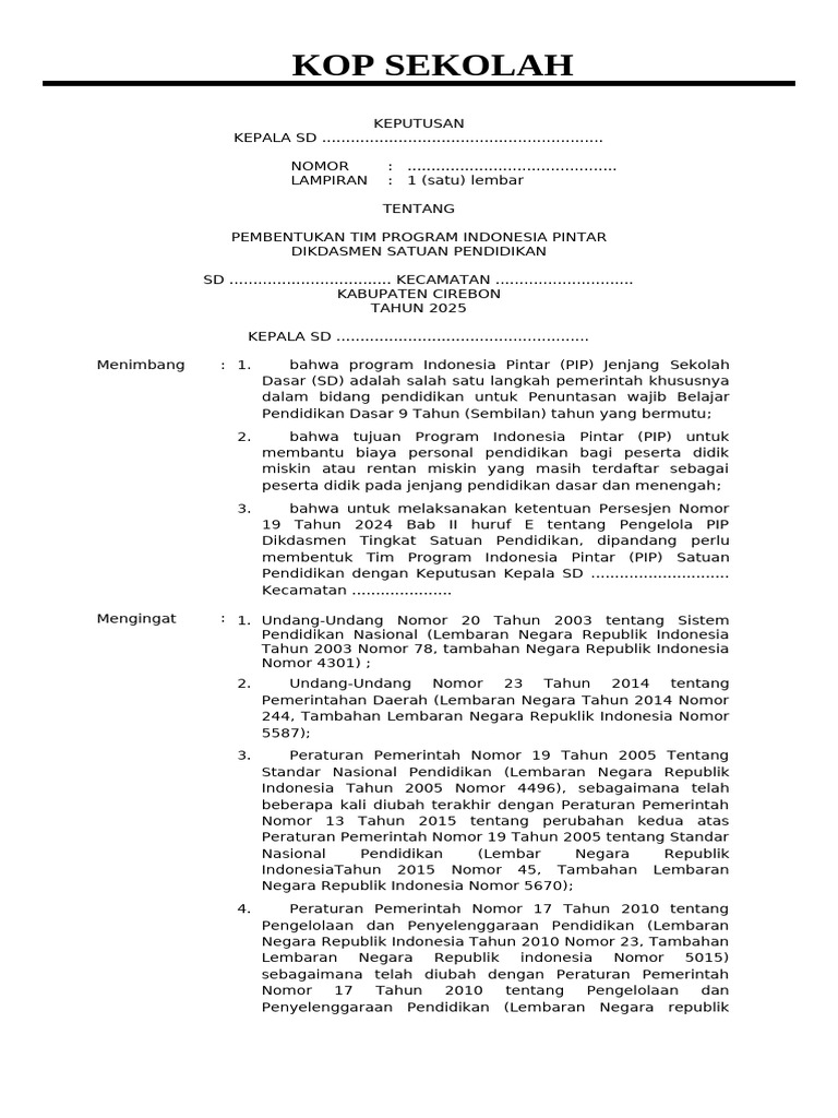 SK Tim Pip Sekolah Dasar 2025 | PDF