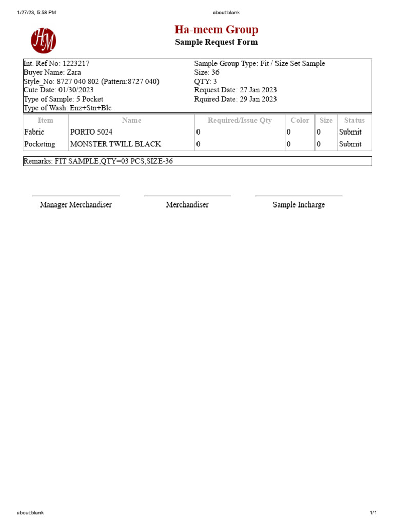 Sample Request Form for Fit Sample | PDF