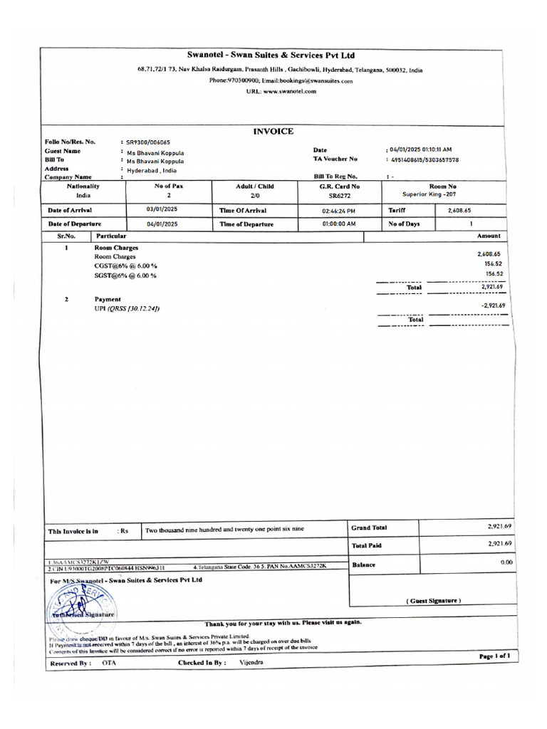 Hotel Stay Hyd Bill | PDF