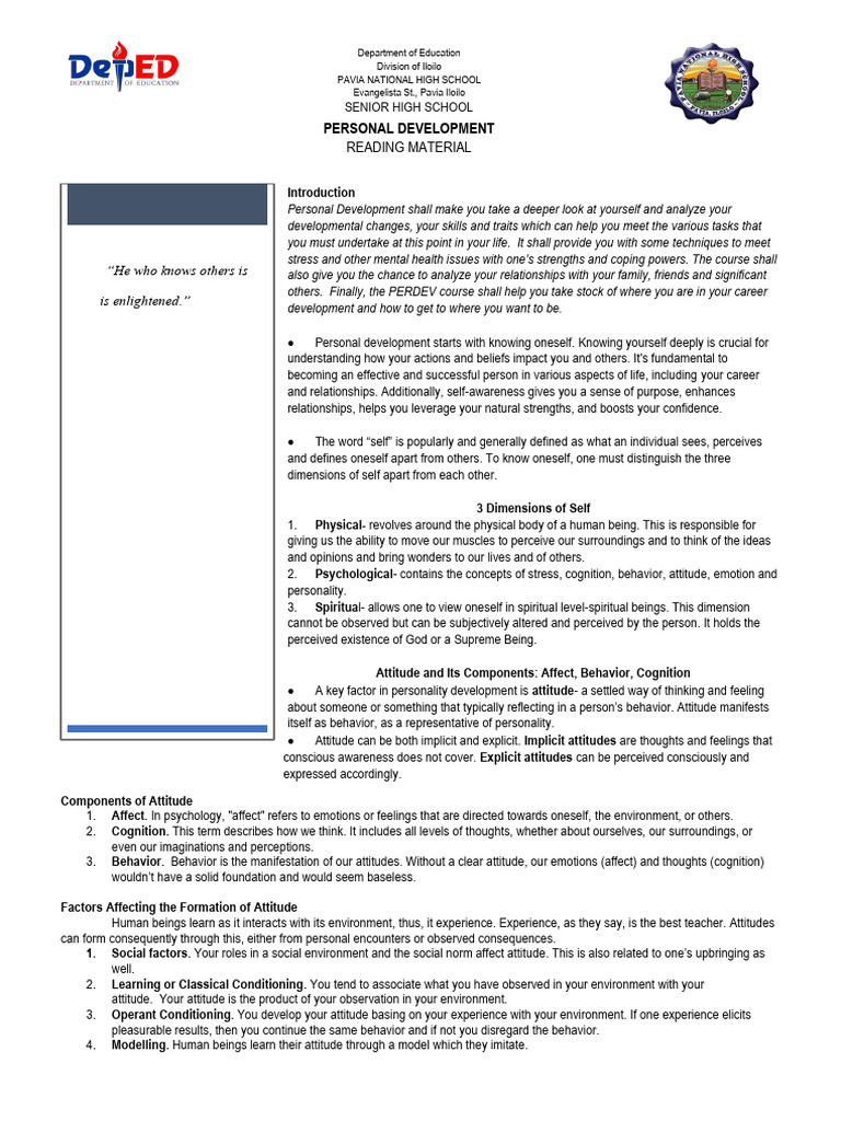 RM Lesson 1 Knowing Oneself | PDF | Attitude (Psychology) | Thought