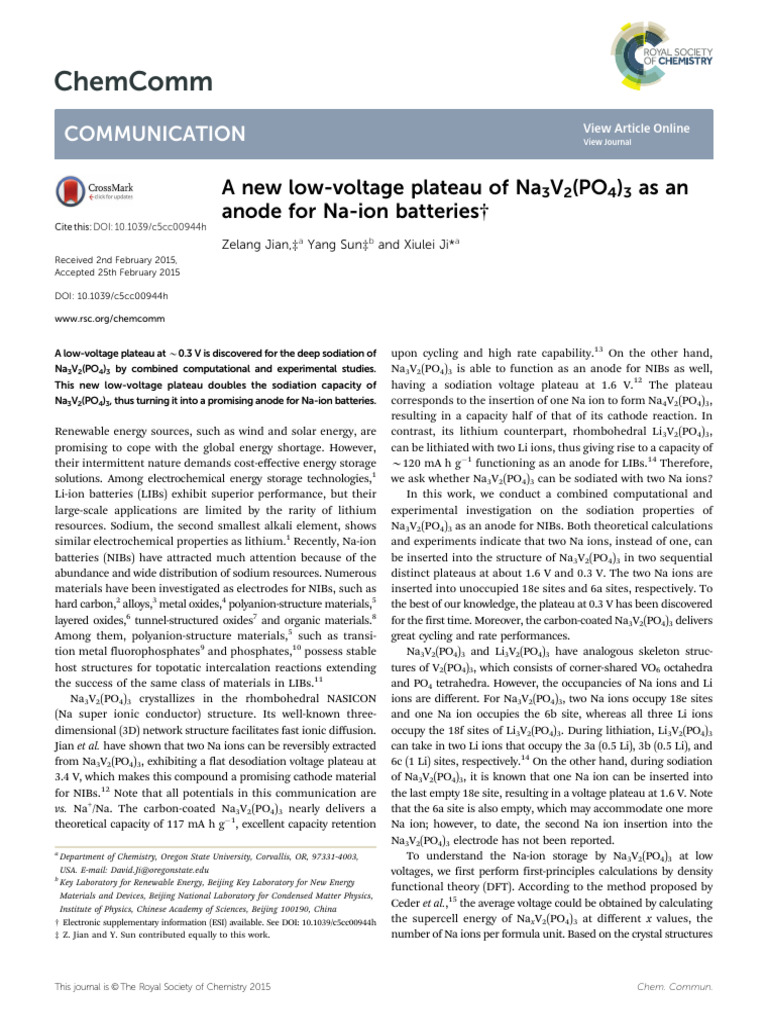 A New Low-Voltage Plateau of Na3V2 (PO4) 3 As An | PDF | Lithium Ion Battery | Physical Sciences