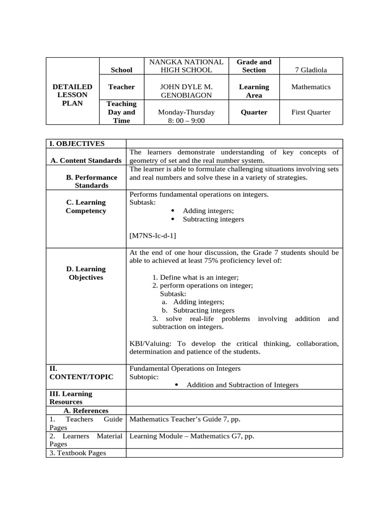 Dale 7es Lesson Plan | PDF | Subtraction | Mathematics
