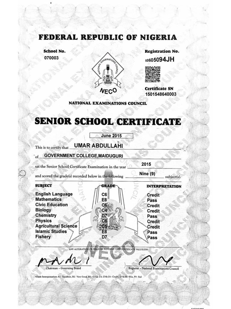 Neco Certificate | PDF