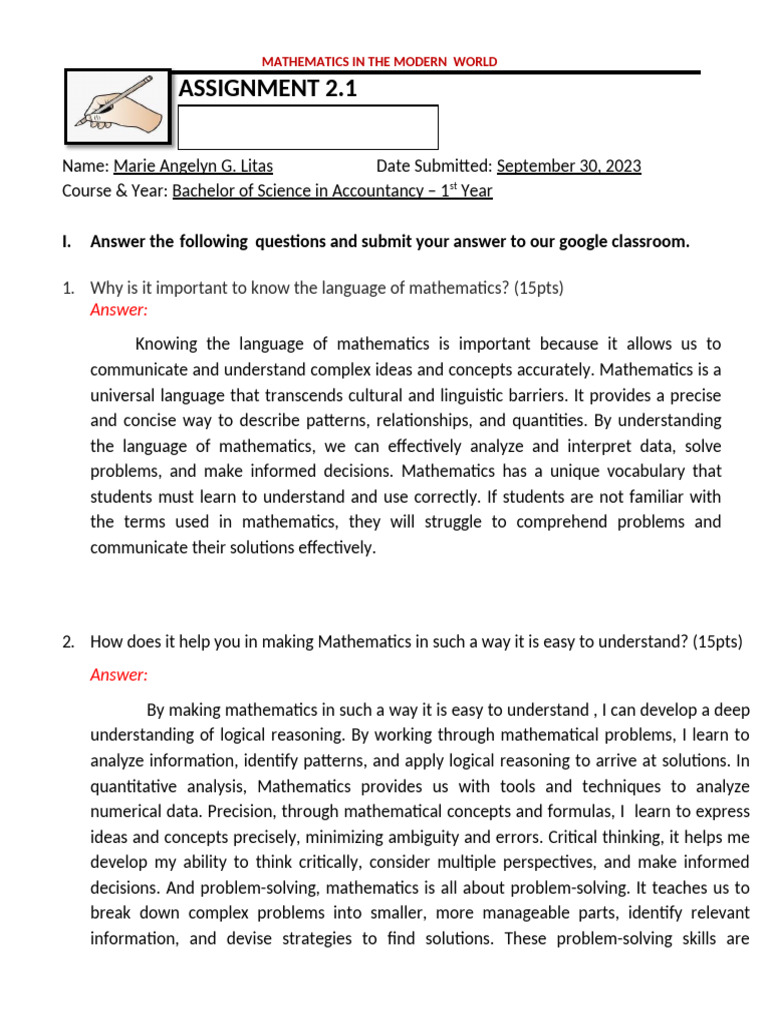 Assignmen 2.1 | PDF | Mathematics | Critical Thinking