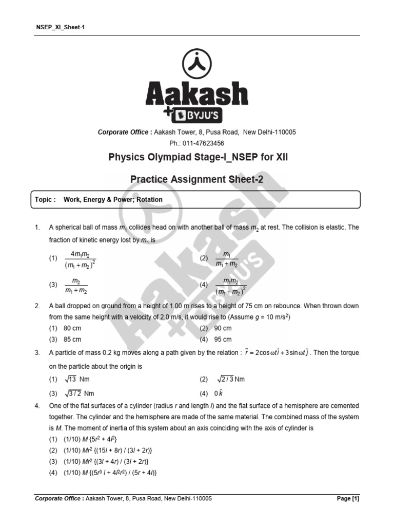 NSEP_XII_Sheet-2_(Que. _ Answer Key) | PDF | Force | Acceleration
