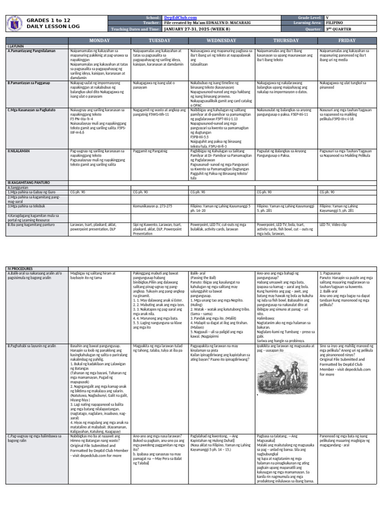 DLL - Filipino 5 - Q3 - W8 | PDF