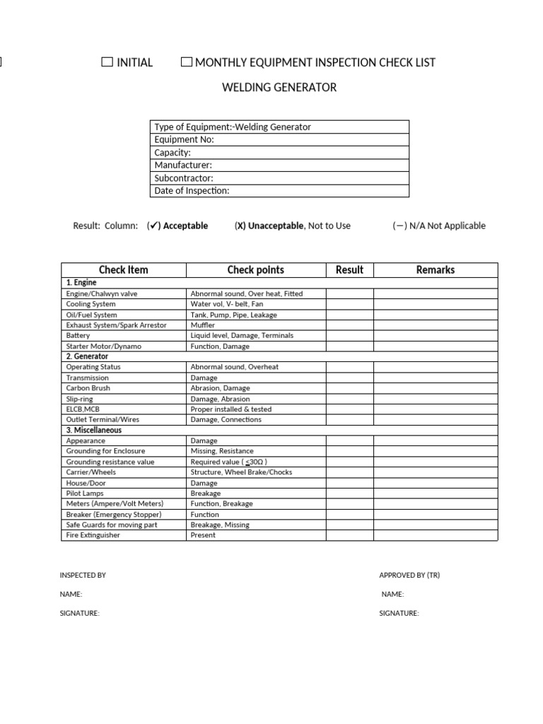 Welding Generator Inspection Checklist | PDF