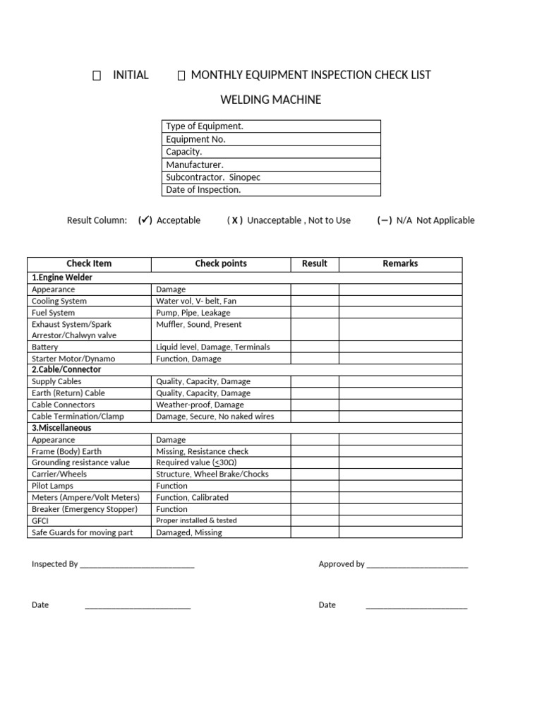 Welding Machine Monthly Inspection Checklist | PDF