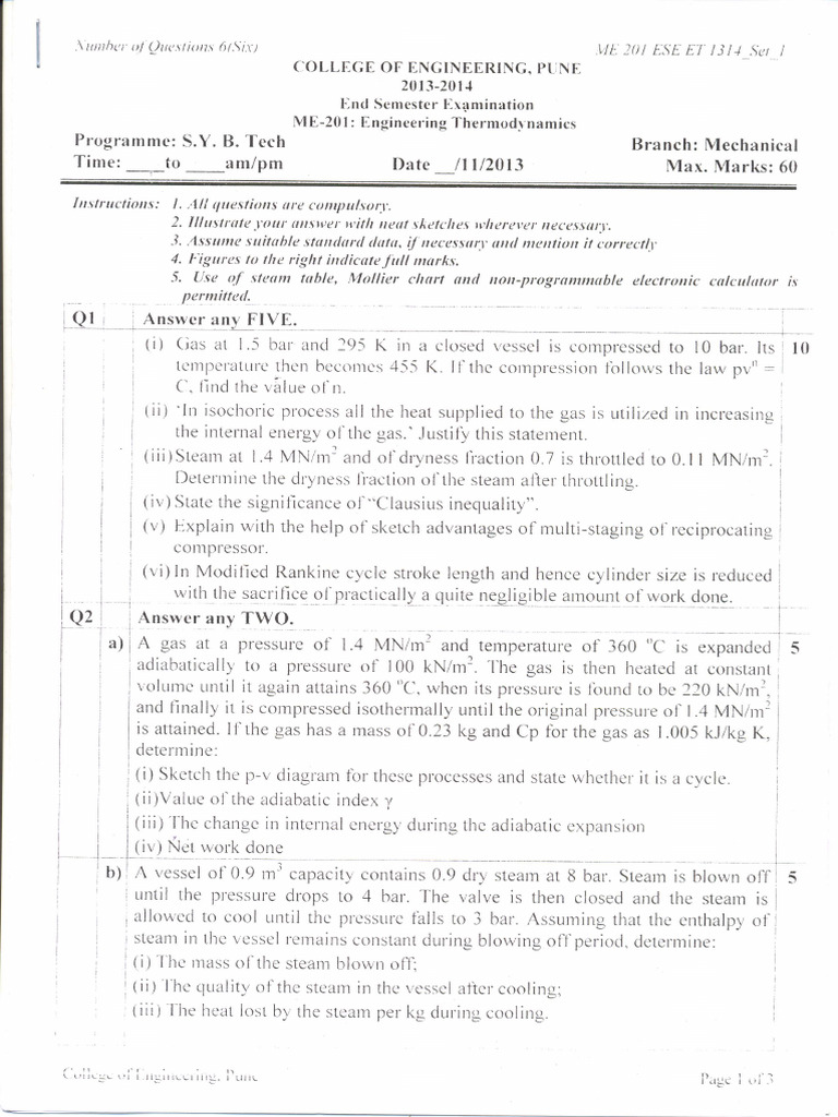Engineering Thermodynamics Tut Q | PDF