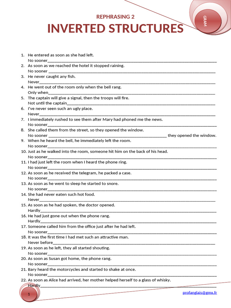 Rephrasing 2 Inverted Structures Grammar Drills 1048 | PDF