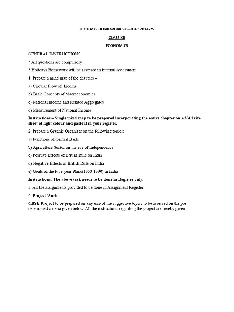 Class XII Economics Holiday Homework 2024-25 | PDF