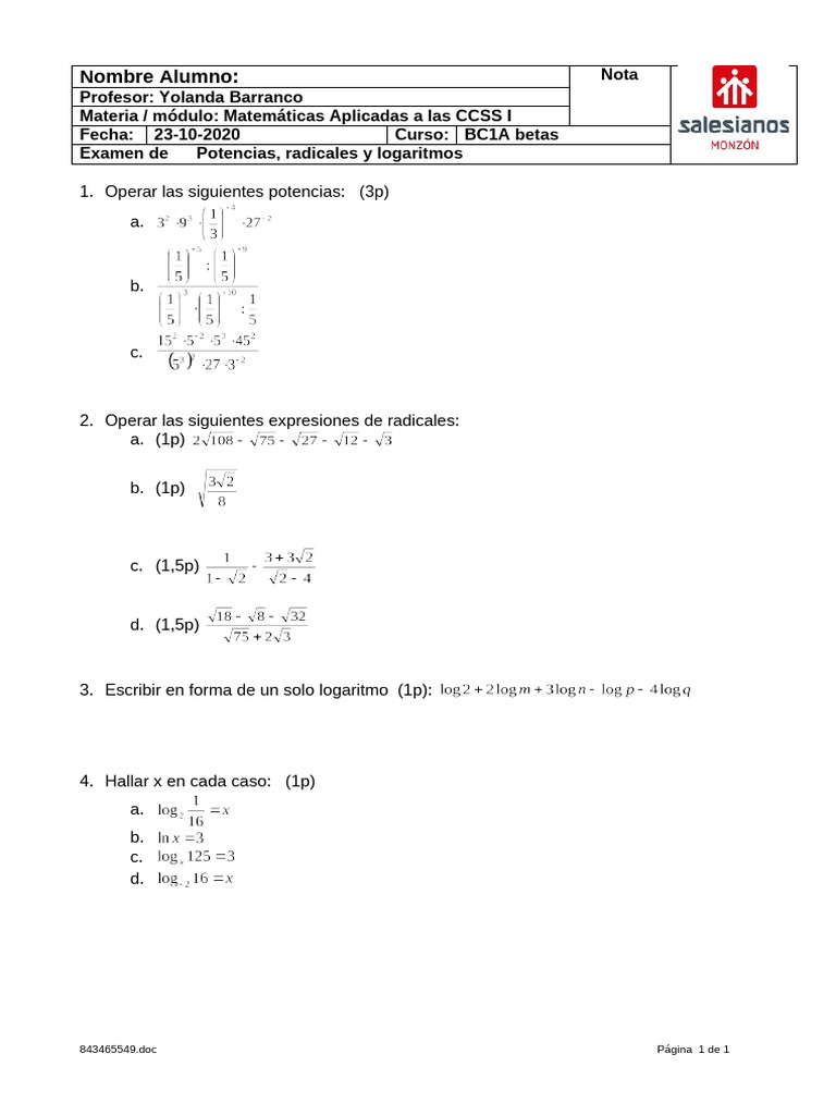 Examen de Potencias y Logaritmos | PDF