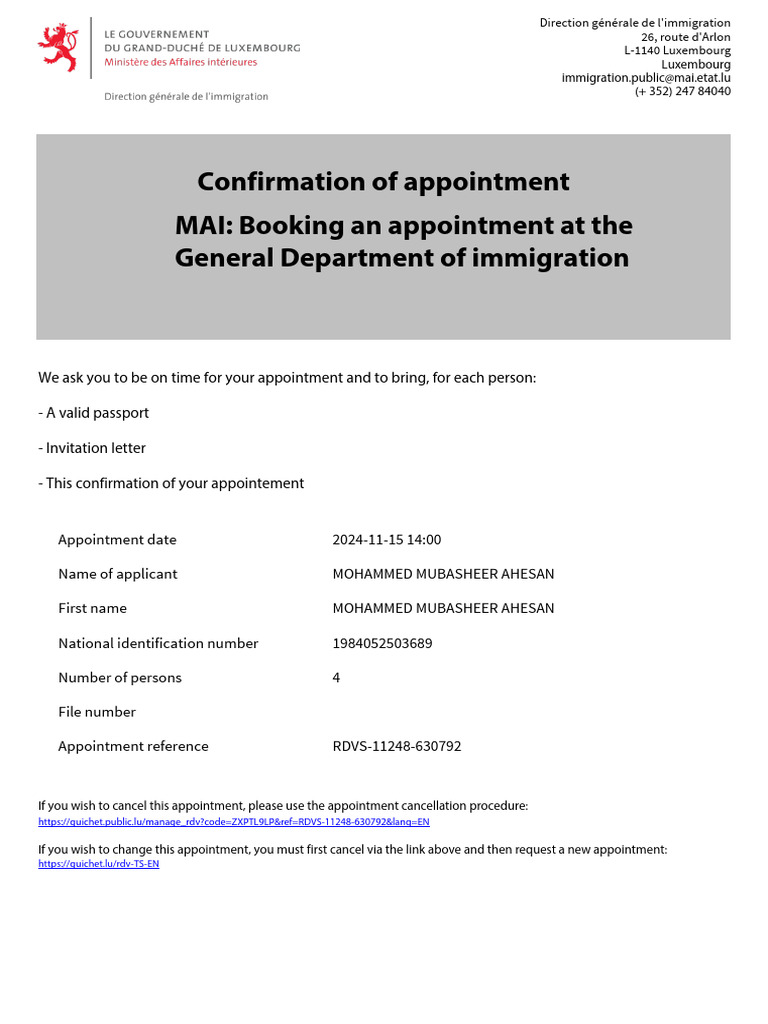 Immigration Appointment Details | PDF