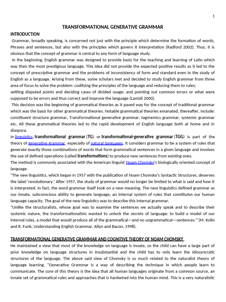 Transformational Generative Grammar | PDF | Syntax | Grammar