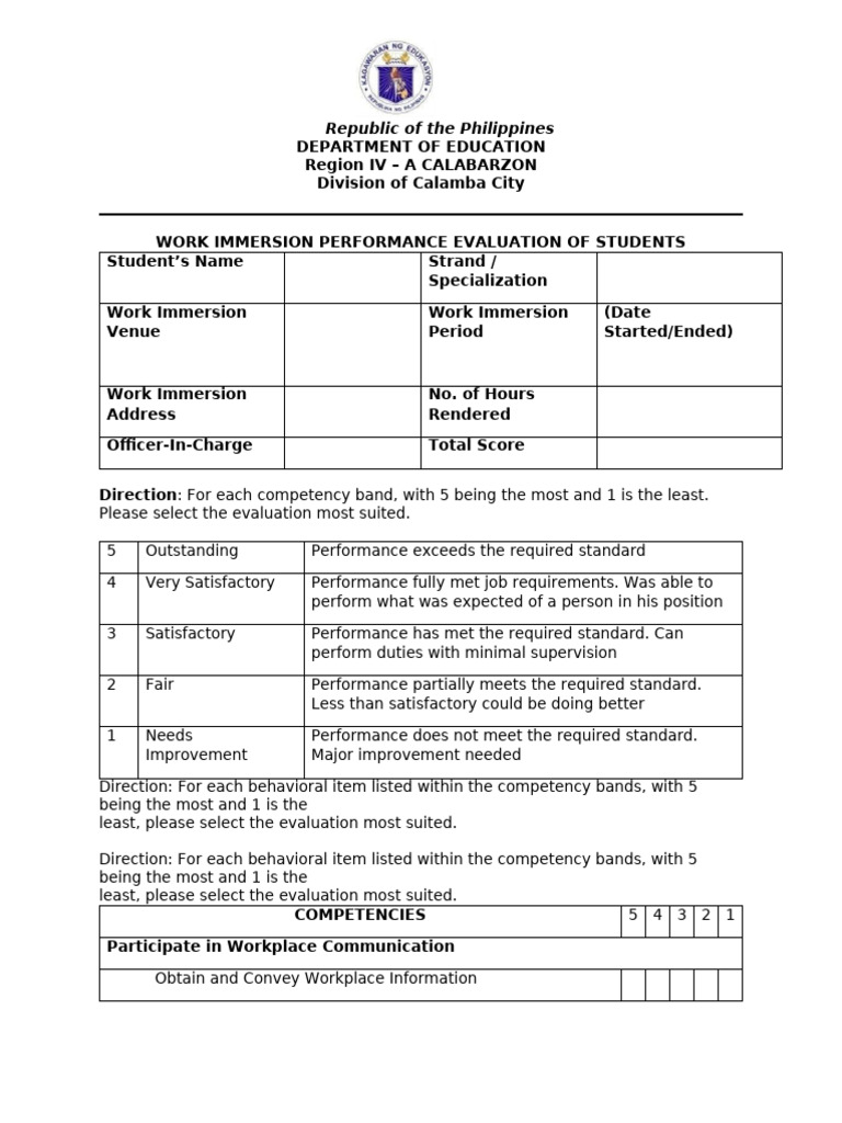 Student Work Immersion Evaluation Form | PDF | Performance Appraisal ...