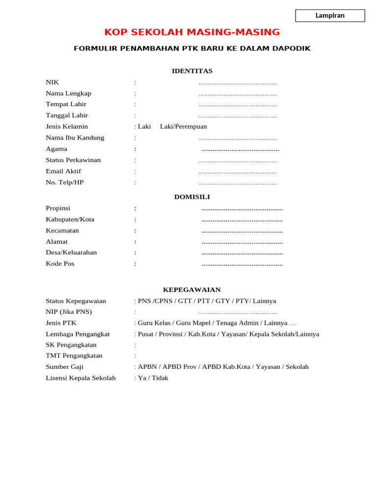 Formulir PTK Baru Dapodik | PDF