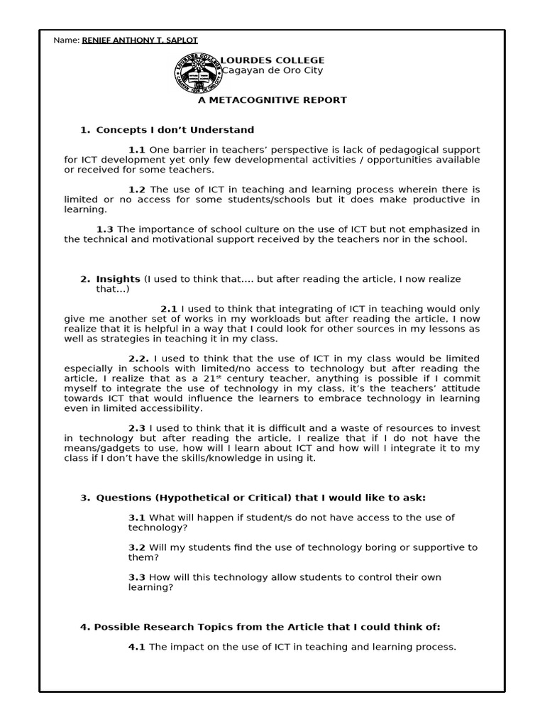 Metacognitive-Report-Format | PDF | Educational Technology | Learning