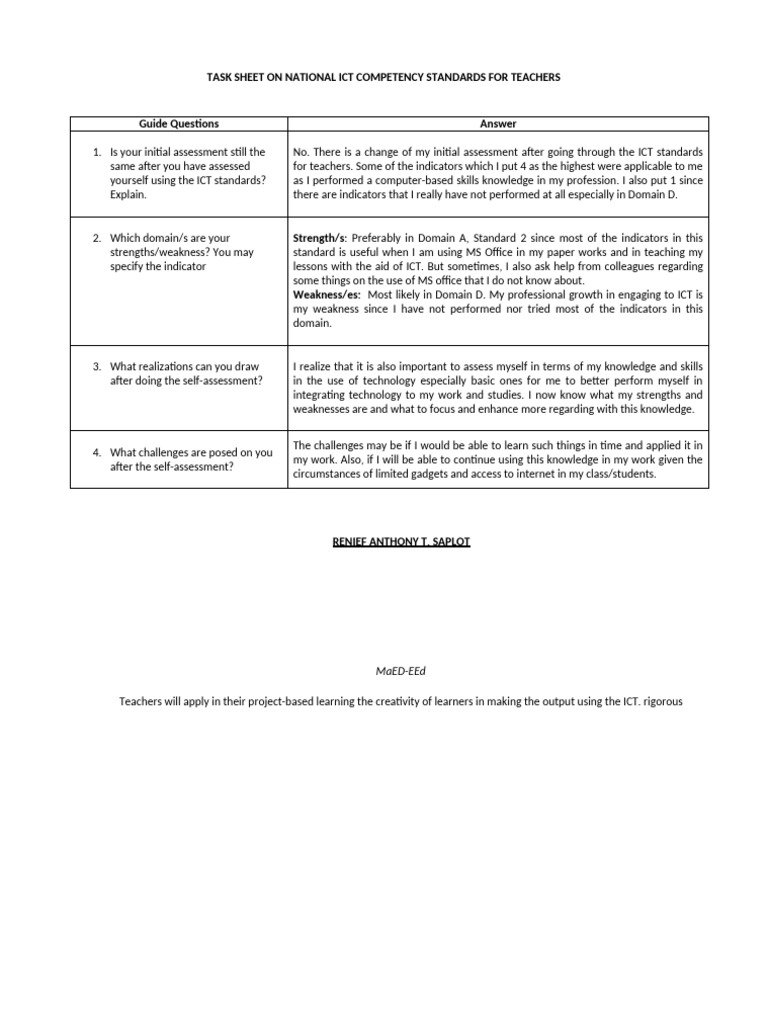 Task Sheet On National Ict Competency Standards For Teachers | PDF ...