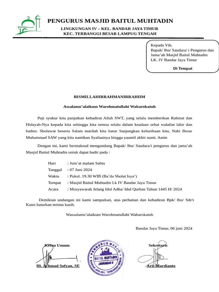 Undangan Musyawarah Idul Adha 2024 | PDF