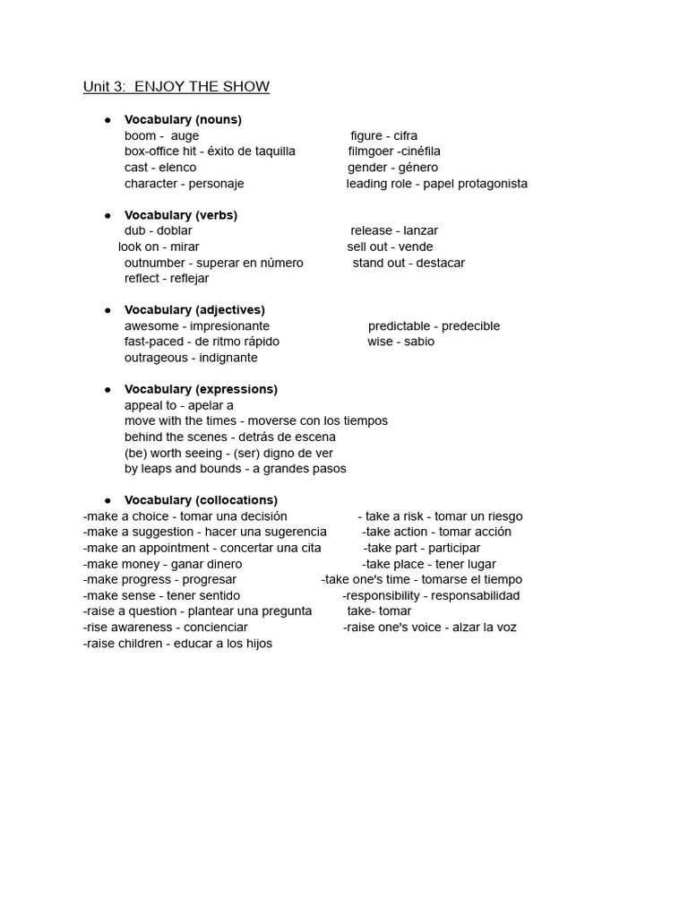 Vocabulario Unit 3 | PDF