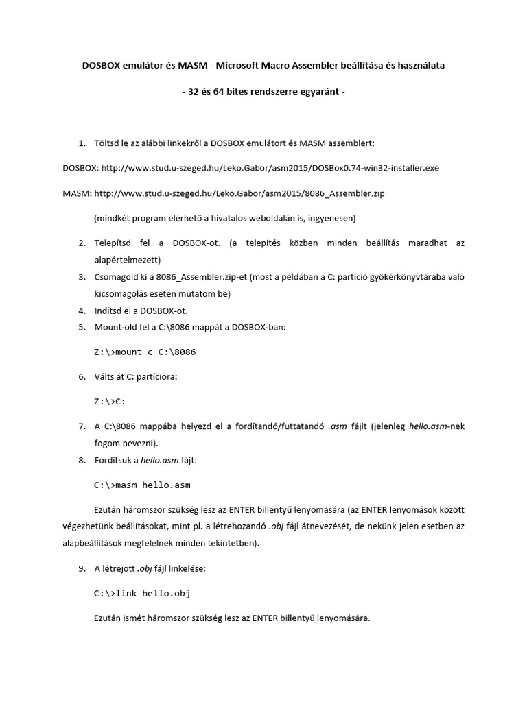 DOSBOX+MASM Otthon | PDF