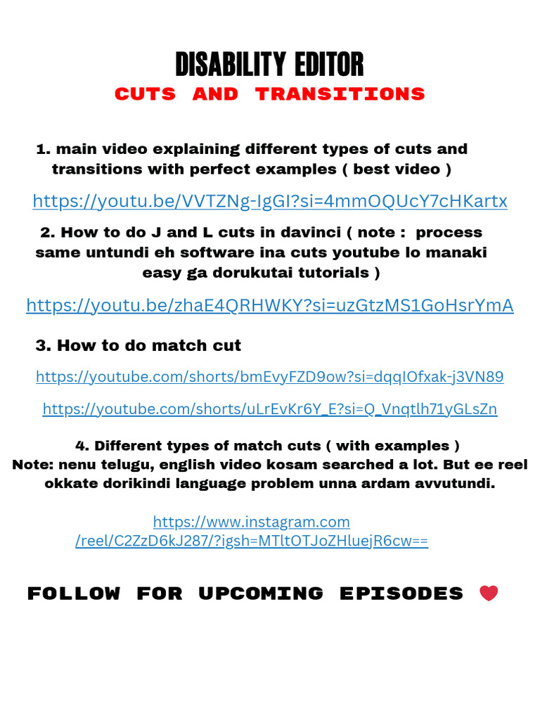 Video Editing Cuts & Transitions Guide | PDF