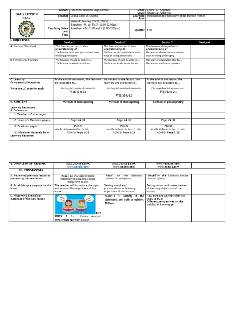 Grade 11 Philosophy Lesson Plan | PDF | Truth | Reality