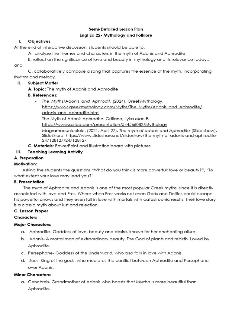LESSON PLAN For Mythology and Folklore | PDF | Aphrodite | Persephone