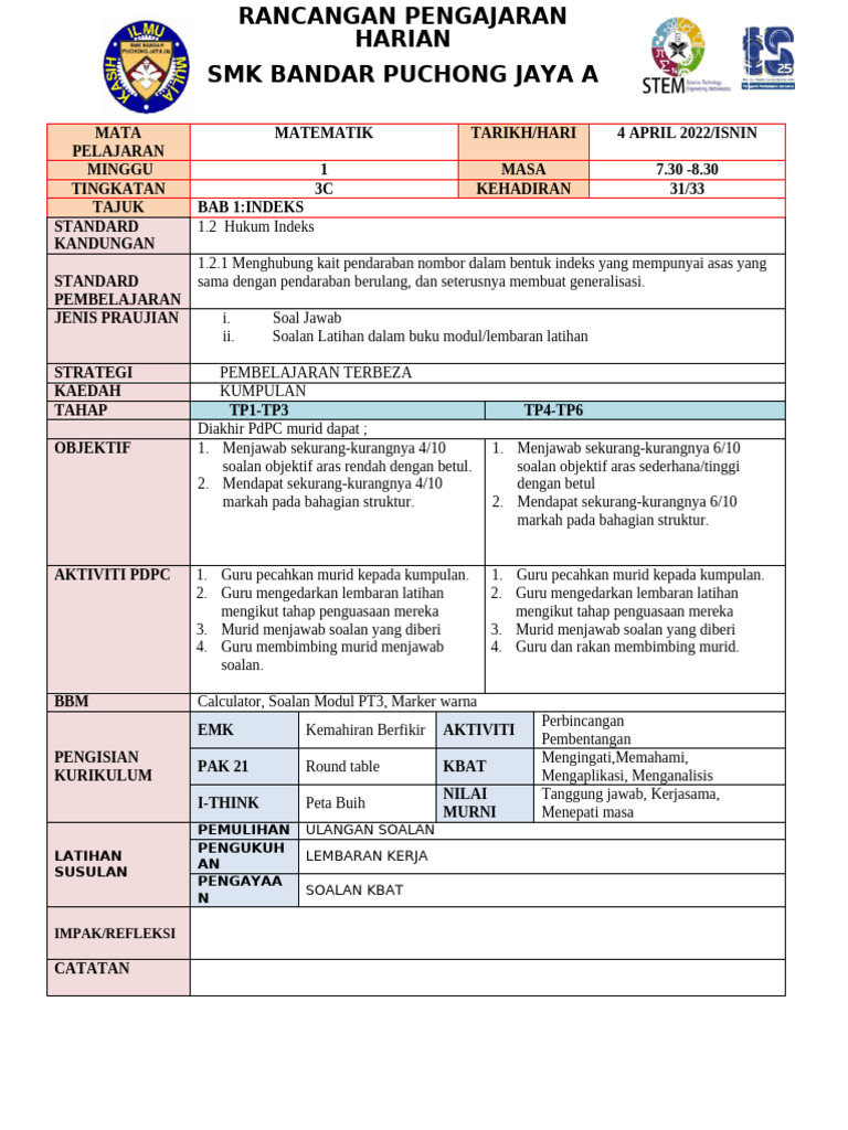 CONTOH RPH CUP 3 DAN Penerangan Ringkas | PDF